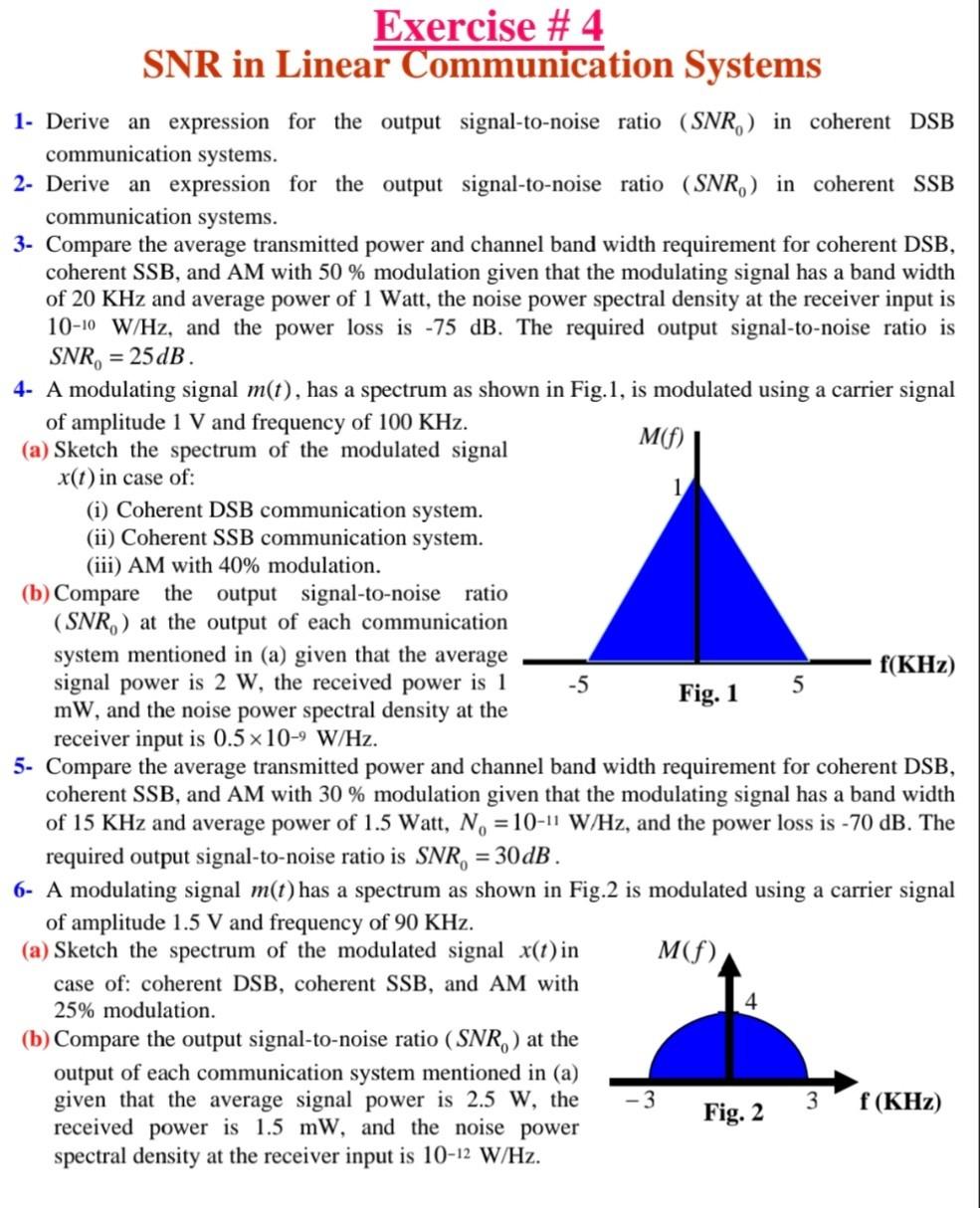 Exercise #4 SNR in Linear Communication Systems 1- | Chegg.com