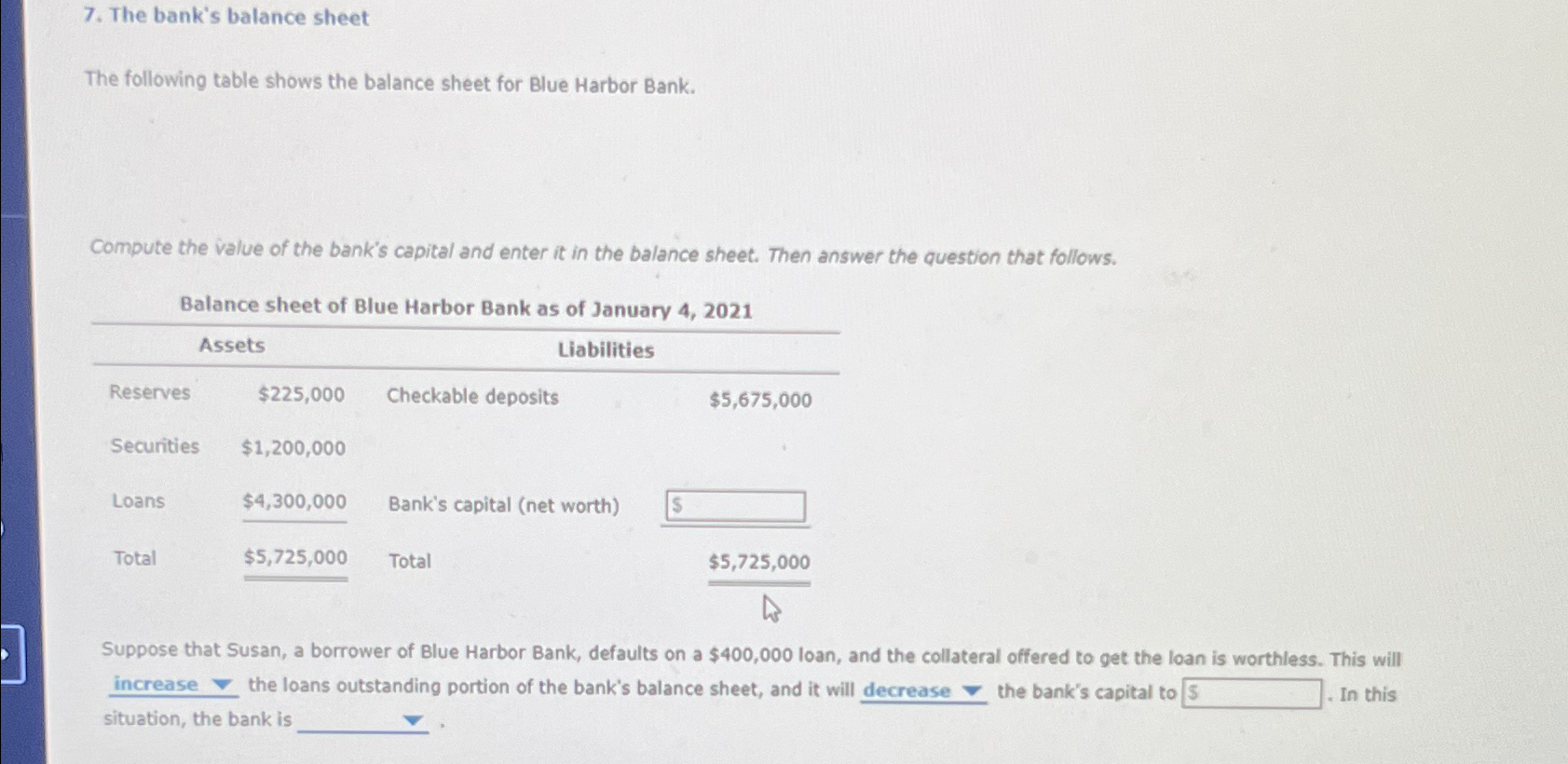 The bank's balance sheetThe following table shows the | Chegg.com