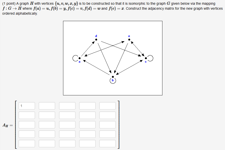 Solved (1 ﻿point) ﻿A graph H ﻿with vertices {u,v,w,x,y} ﻿is | Chegg.com
