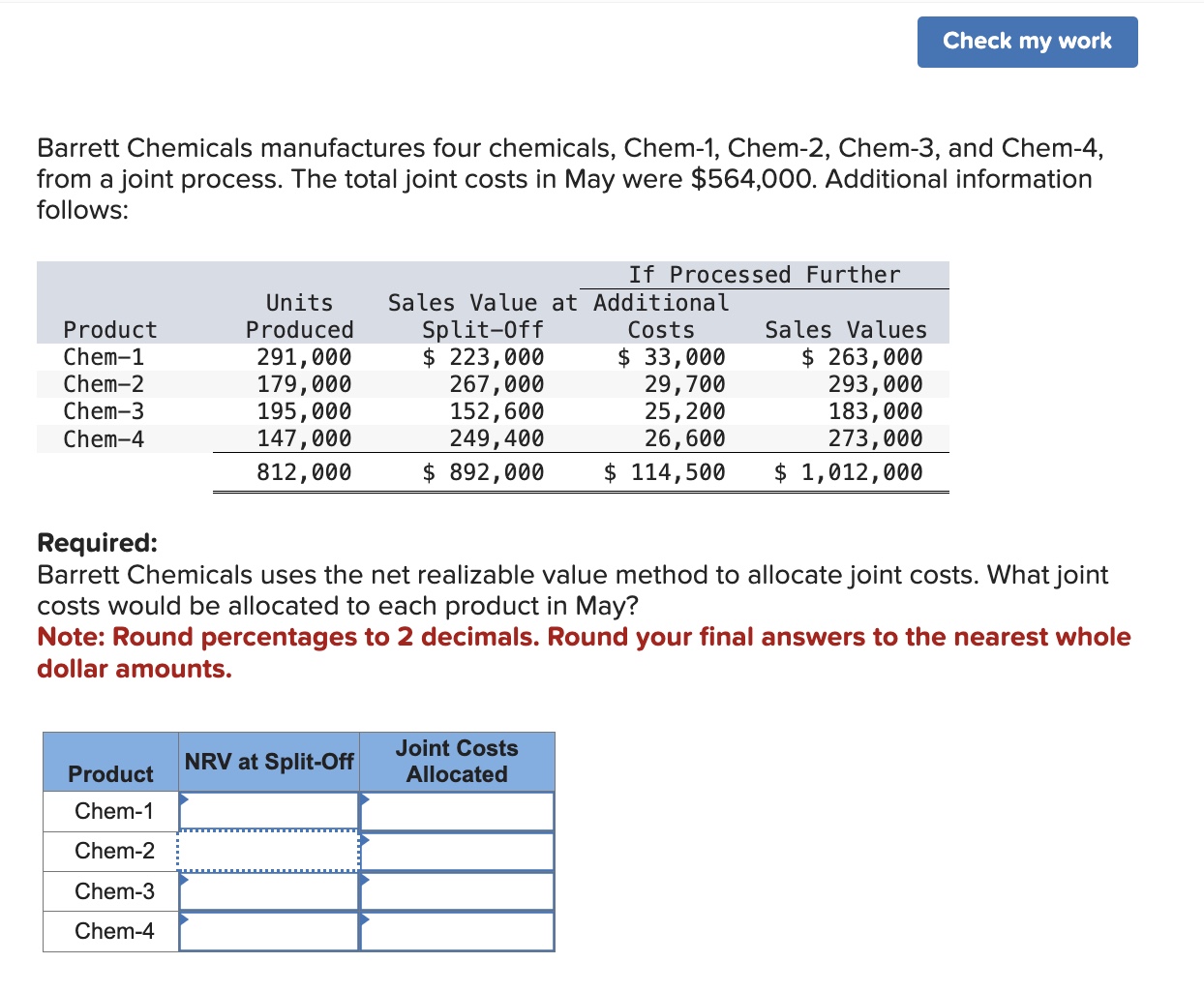 Solved Barrett Chemicals manufactures four chemicals, | Chegg.com