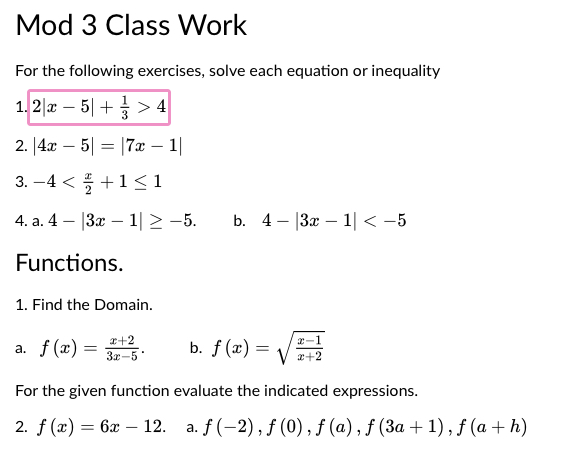 Mod 3 ﻿Class WorkFor the following exercises, solve | Chegg.com