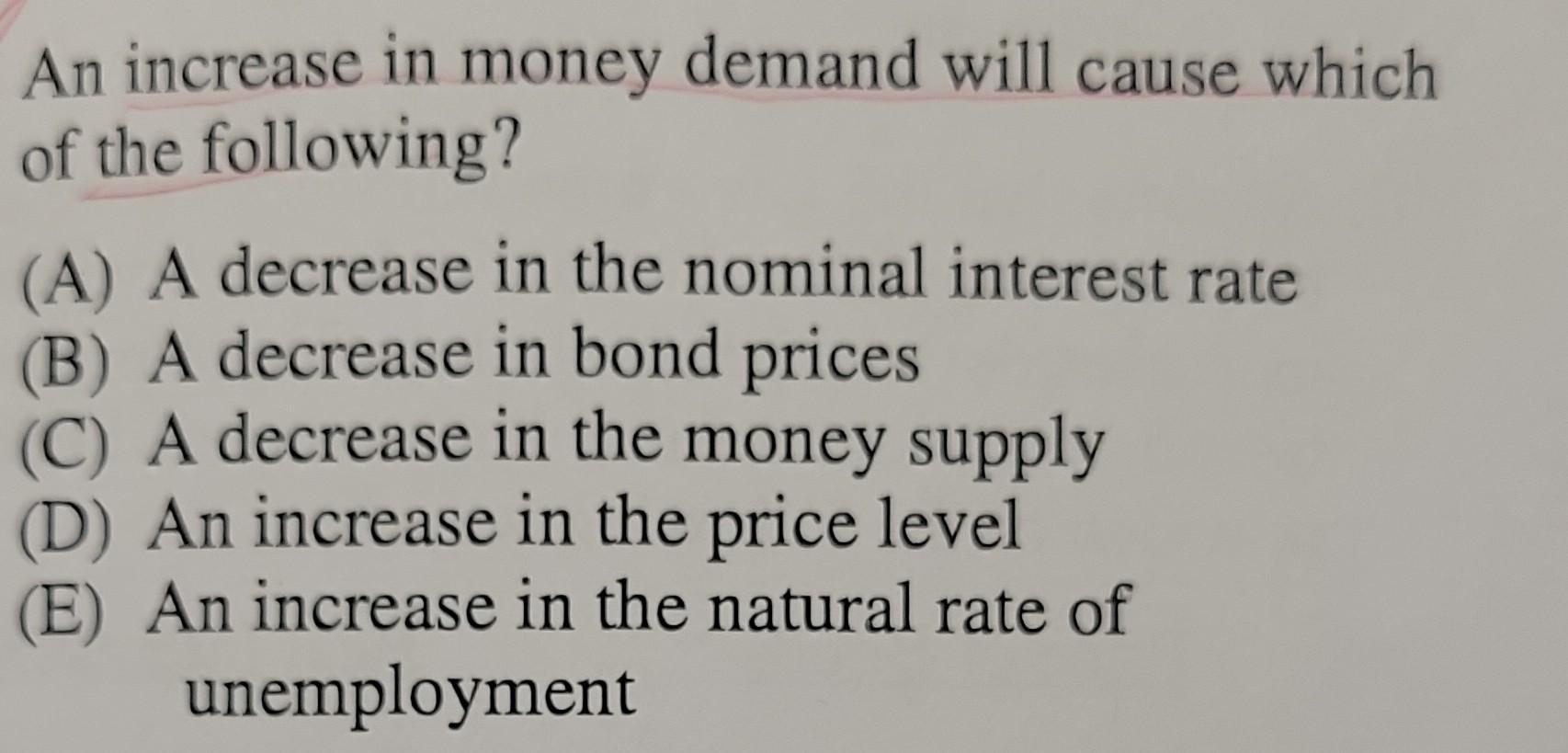 Solved An Increase In Money Demand Will Cause Which Of The Chegg