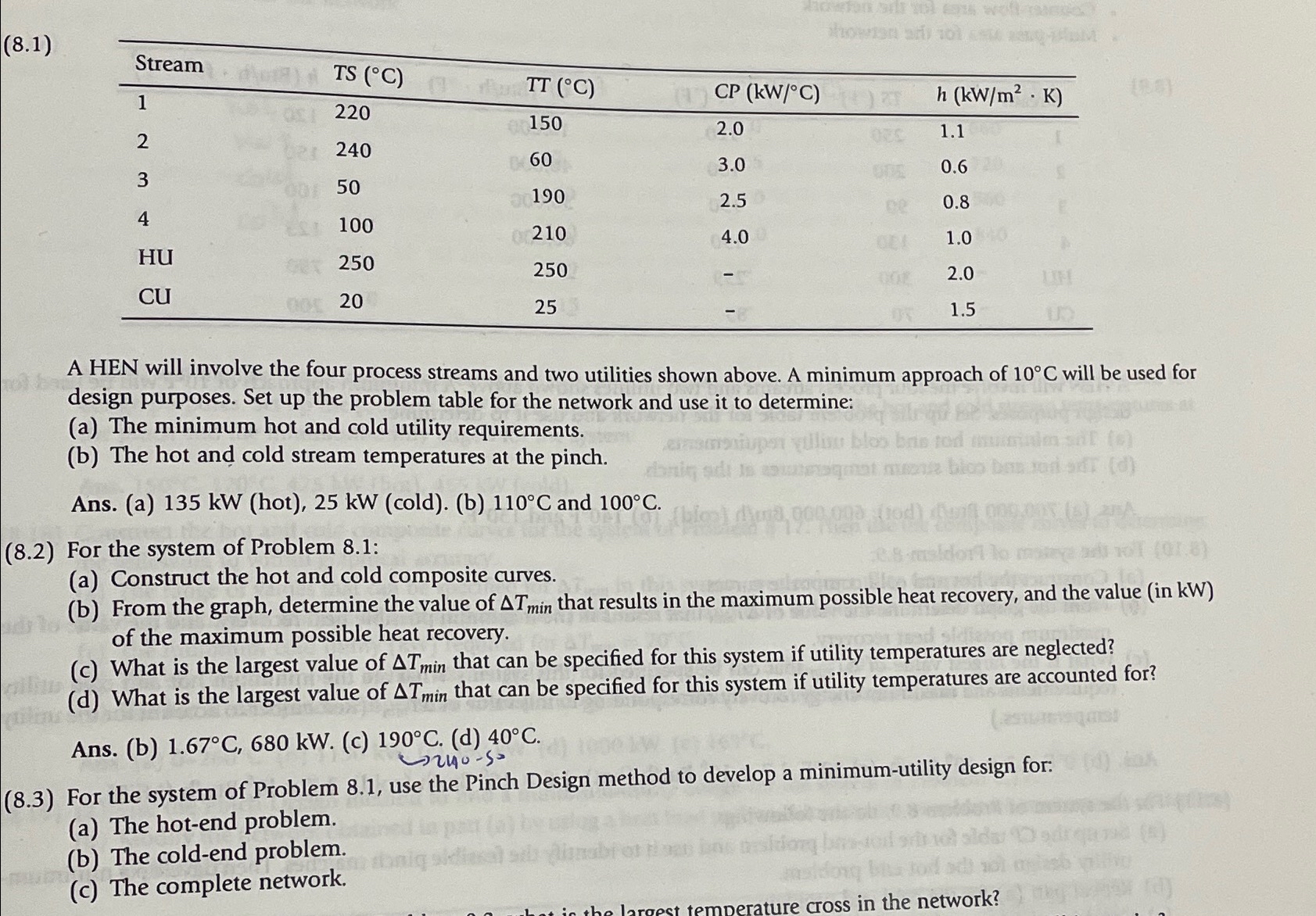 Solved (8.1)\table[[Stream,TS(°C),TT(°C),CP(kW°C),h(kWm2*K) | Chegg.com