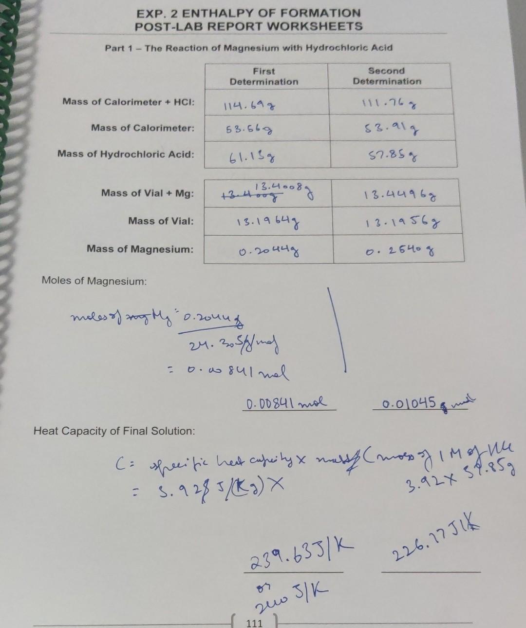 Solved EXP. 2 ENTHALPY OF FORMATION POST-LAB REPORT | Chegg.com