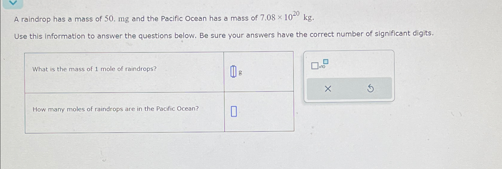 Solved A raindrop has a mass of 50.mg ﻿and the Pacific Ocean | Chegg.com
