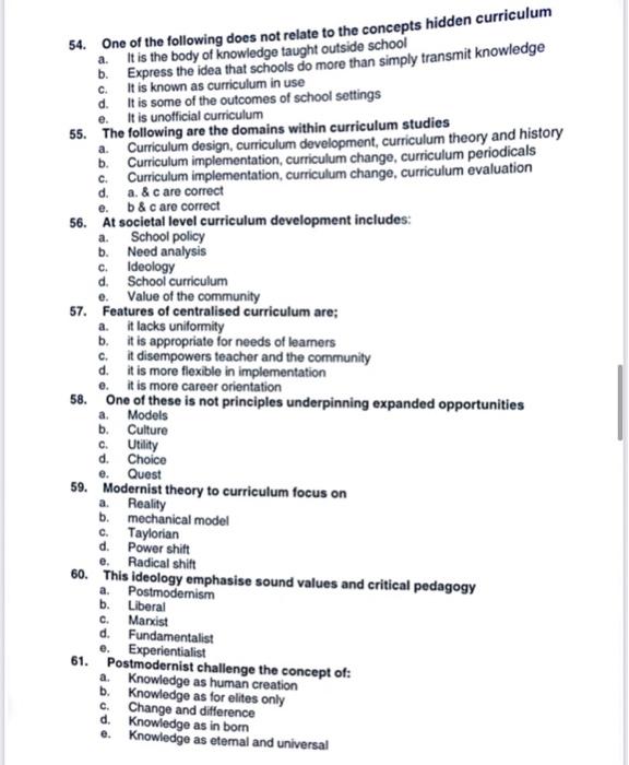 1. Curriculum on paper is known as; a. Curriculum in | Chegg.com