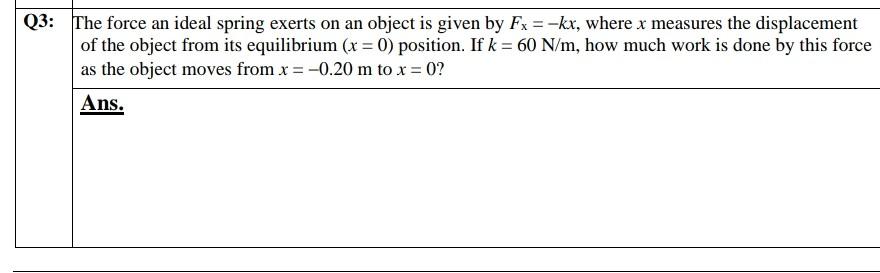 Solved Q3: The force an ideal spring exerts on an object is | Chegg.com