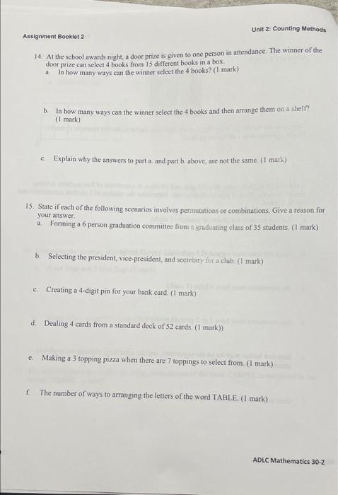 Solved Unit 2: Counting Methods Assignment Booklet 2 a 14. | Chegg.com