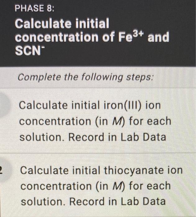 Solved PHASE 8: Calculate initial concentration of Fe3+ and | Chegg.com