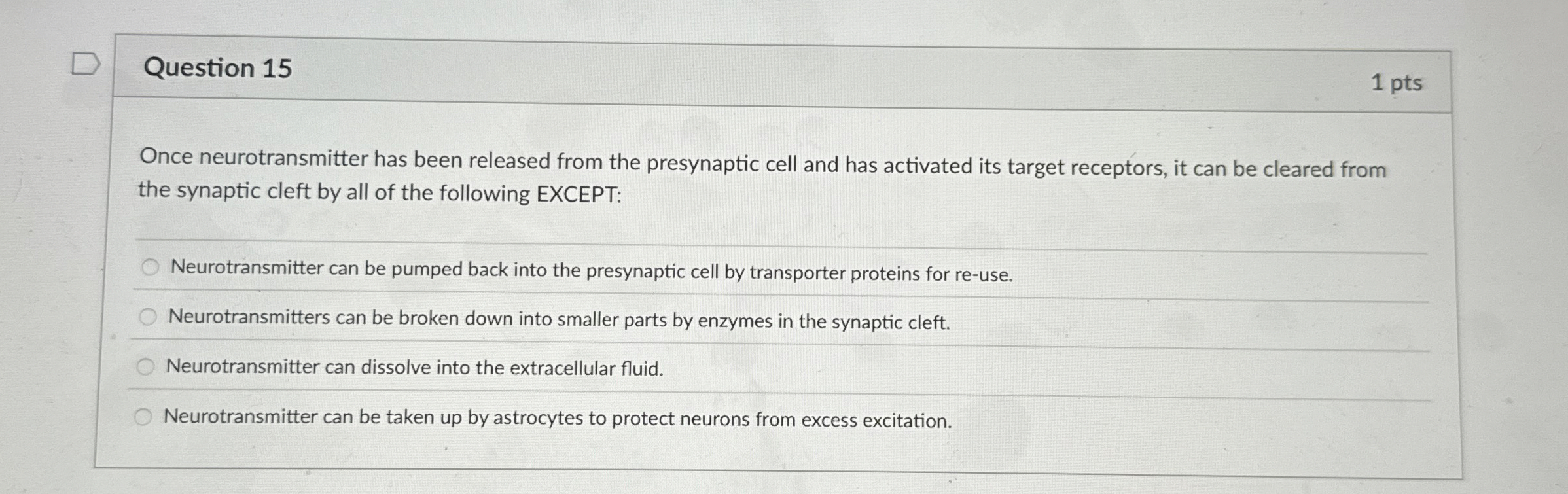Solved Question 15Once neurotransmitter has been released | Chegg.com