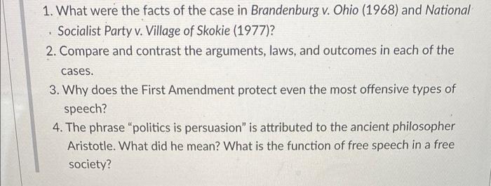 1. What were the facts of the case in Brandenburg v. | Chegg.com