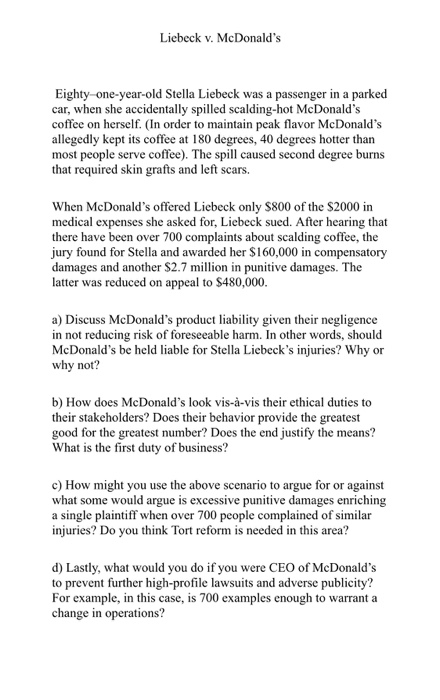 Solved Liebeck v. McDonald's Eighty-one-year-old Stella | Chegg.com