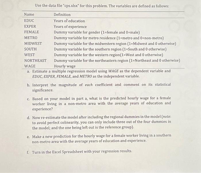 Solved Use the data file "cps.xlsx" for this problem. The | Chegg.com