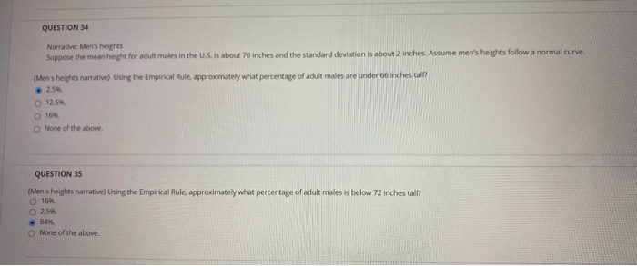 Solved QUESTION 34 Narrative: Men's heights Suppose the mean | Chegg.com