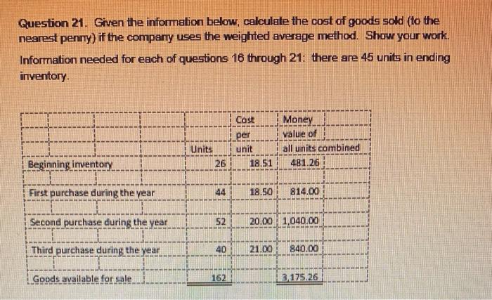 Solved Question 21. Given the information below, calculate | Chegg.com