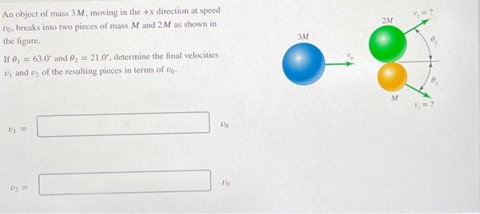 Solved An object of mass 3M, moving in the +x direction at | Chegg.com