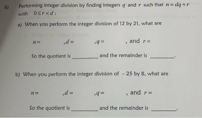 Performing integer division by finding integers q and | Chegg.com