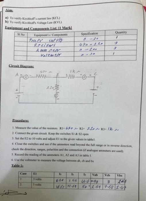Solved Aim: a) To verify Kirchhoff's current law (KCL) b) To | Chegg.com