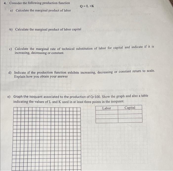 Solved 4 Consider The Following Production Function A