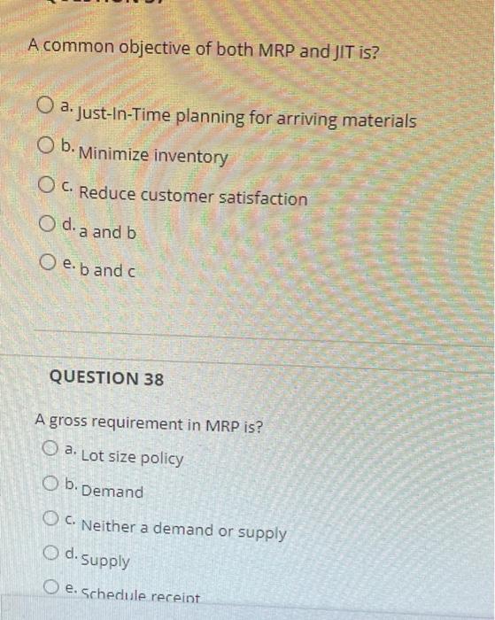 Solved A common objective of both MRP and JIT is? O a. | Chegg.com