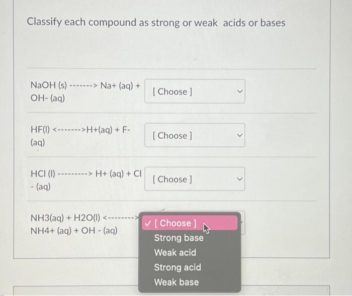 Solved Classify each compound as strong or weak acids or | Chegg.com