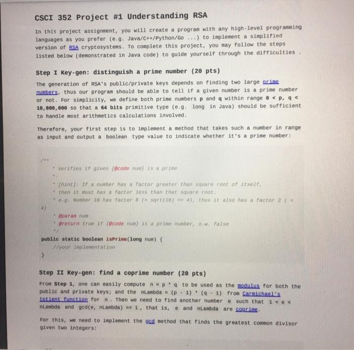 Solved CSCI 352 Project #1 Understanding RSA In this project | Chegg.com