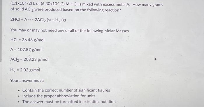 Solved (1.1×10∧−2)L of (6.30×10∧−2)MHCl is mixed with excess | Chegg.com