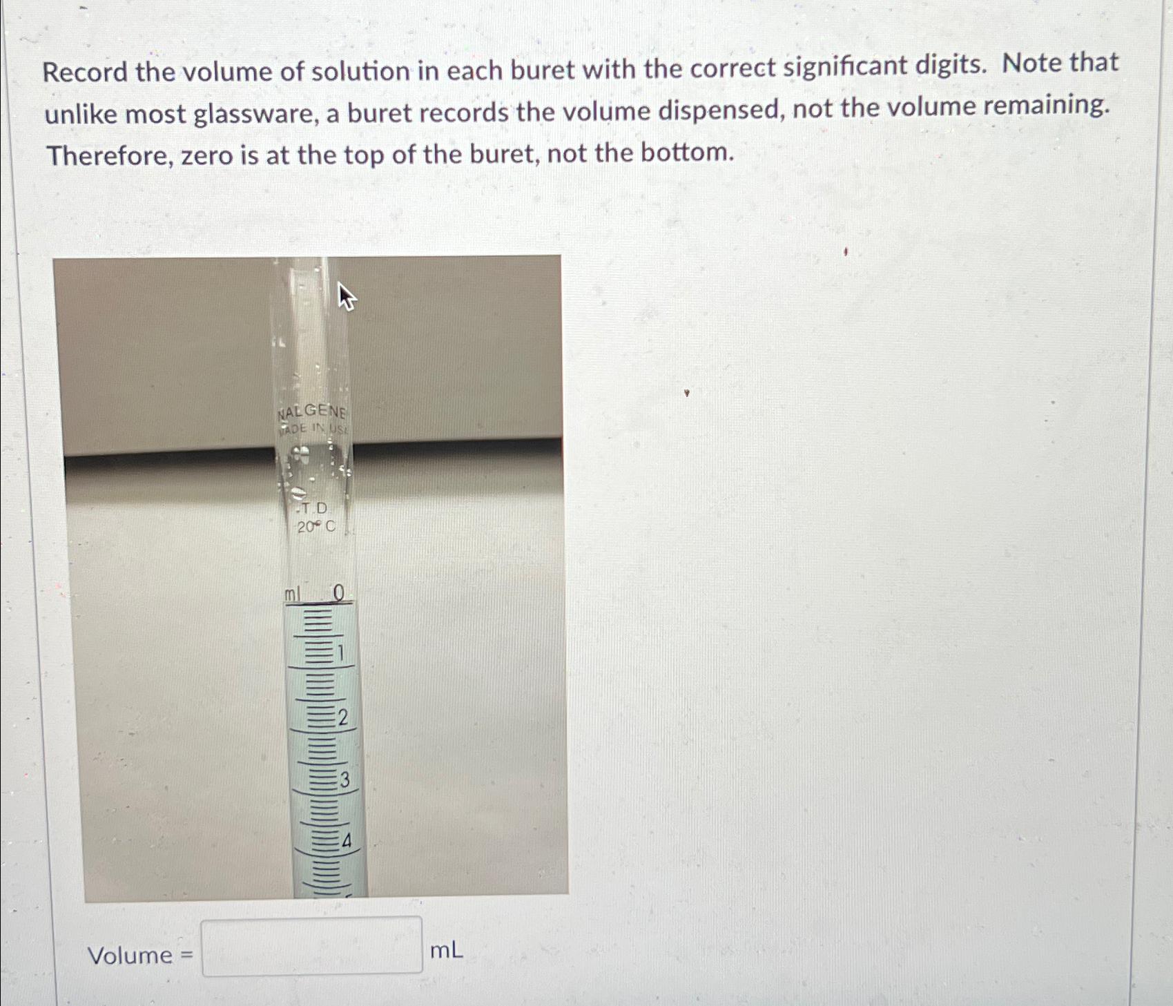 Solved Record the volume of solution in each buret with the | Chegg.com