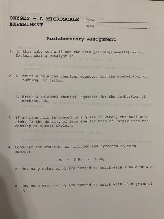 Solved OXYGEN A MICROSCALE EXPERIMENT Name Date | Chegg.com