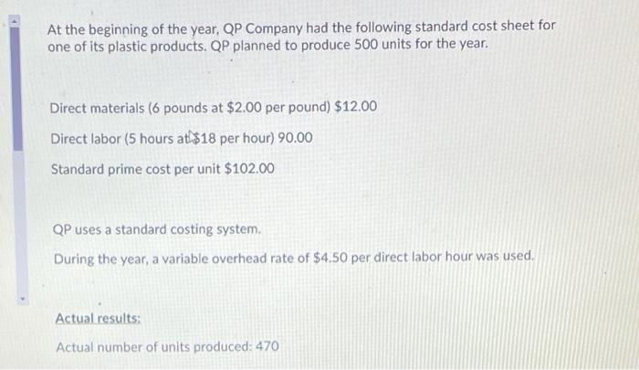 Solved At the beginning of the year, QP Company had the | Chegg.com
