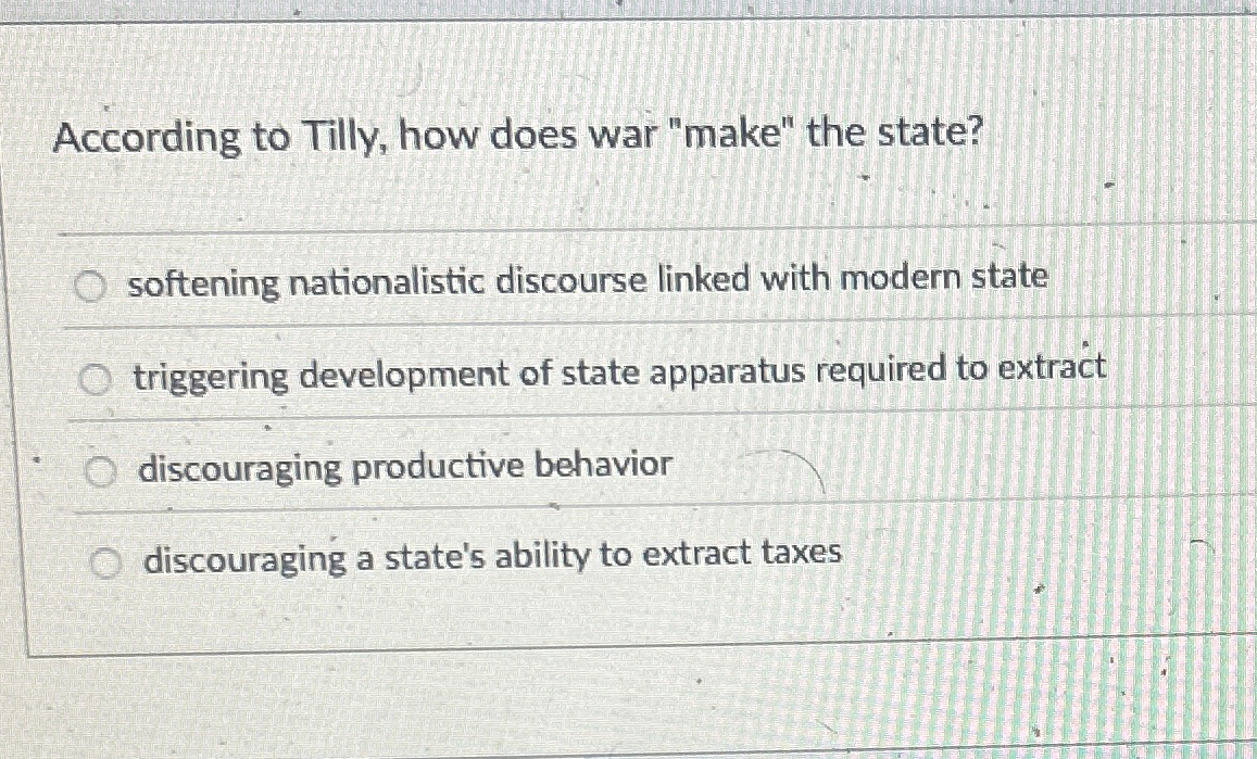 Solved According to Tilly, how does war "make" the | Chegg.com