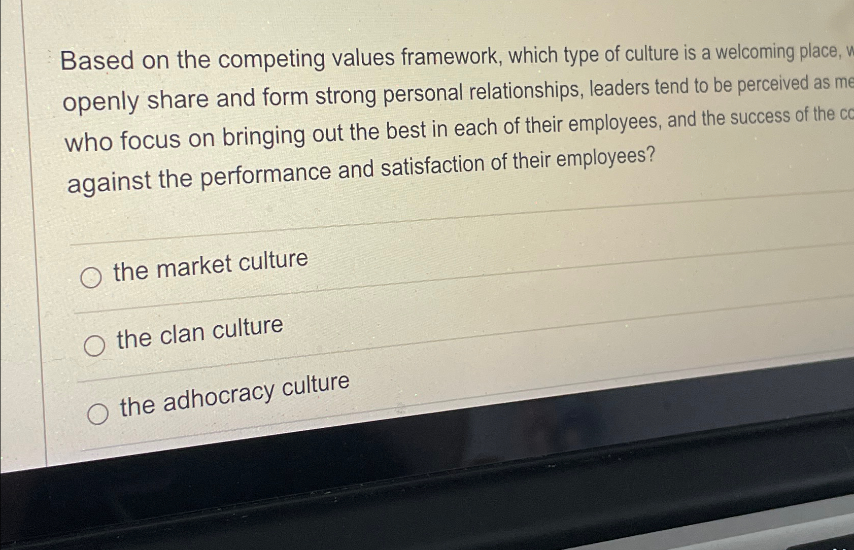Solved Based on the competing values framework, which type | Chegg.com