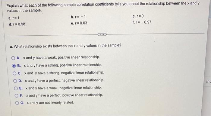Solved Explain what each of the following sample correlation | Chegg.com