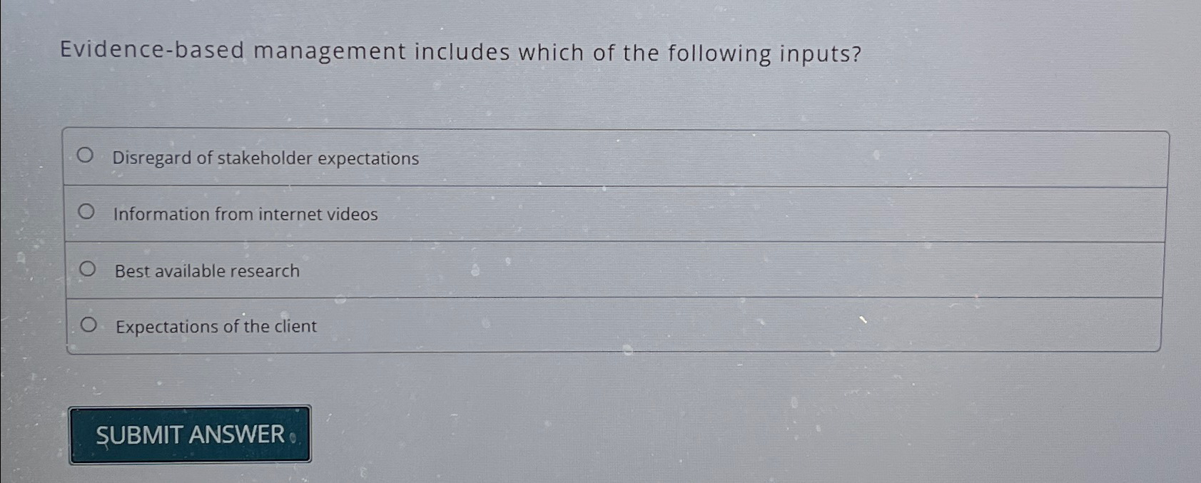 Solved Evidence-based management includes which of the | Chegg.com