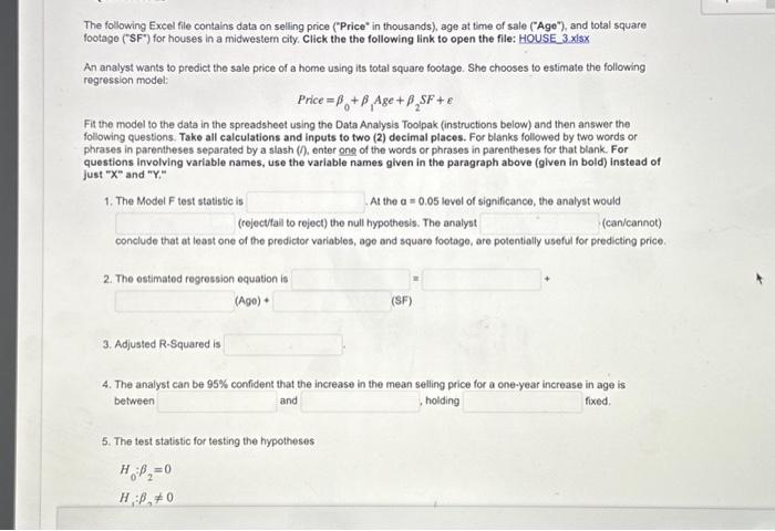 The following Excel file contains data on selling | Chegg.com