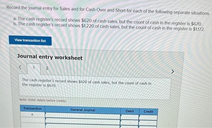 Solved Record the journal entry for Sales and for Cash Over | Chegg.com