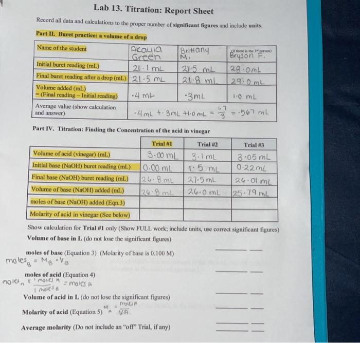 Solved Lab 13. Titration: Report Sheet Record all data and | Chegg.com