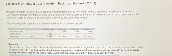 Solved Exercise 11-34 (Static) Cost Allocation: Reciprocal | Chegg.com