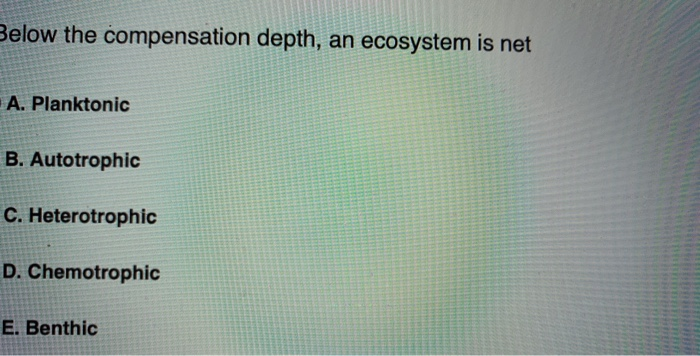 Solved Below the compensation depth, an ecosystem is net A. | Chegg.com