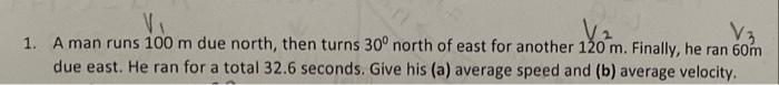 Solved 1. A man runs 100 m due north, then turns 30∘ north | Chegg.com