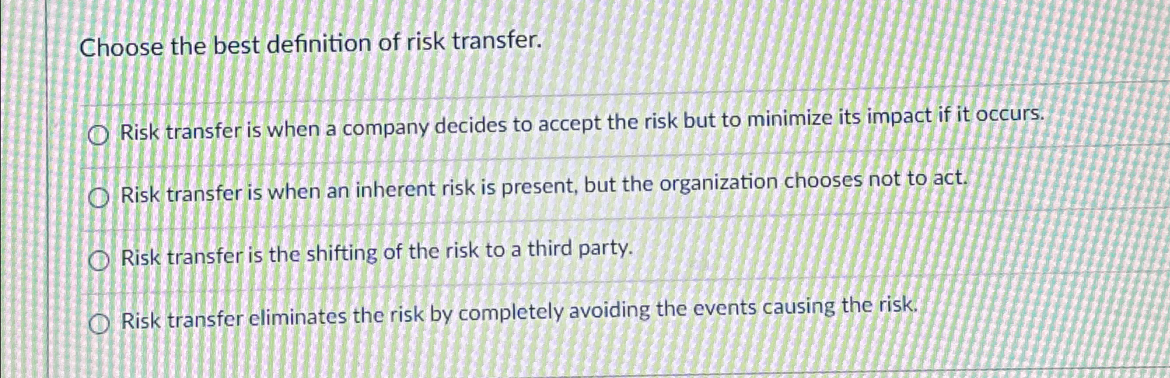Solved Choose the best definition of risk transfer.Risk | Chegg.com