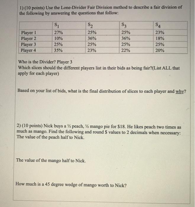 Solved 1) (10 points) Use the Lone-Divider Fair Division | Chegg.com
