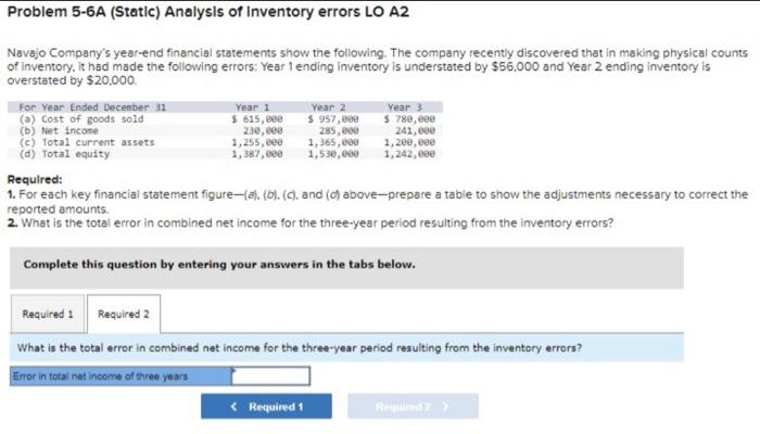 Solved Problem 5-6A (Static) Analysls of Inventory errors LO | Chegg.com Solved Problem 5-6A (Static) Analysls of Inventory errors LO | Chegg.com
