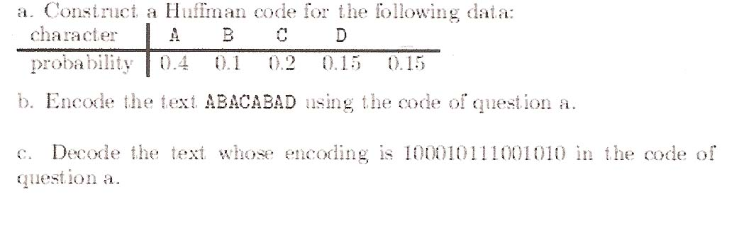 Solved Construct a Huffman code for the following data: | Chegg.com Solved Construct a Huffman code for the following data: | Chegg.com