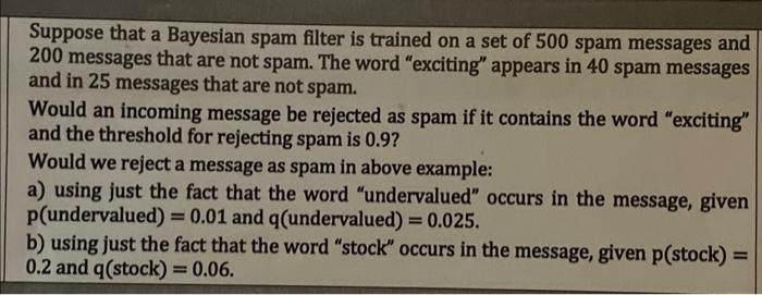 Solved Suppose That A Bayesian Spam Filter Is Trained On A