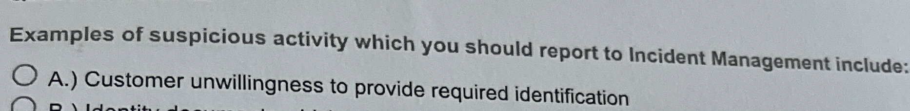 Solved Examples of suspicious activity which you should | Chegg.com