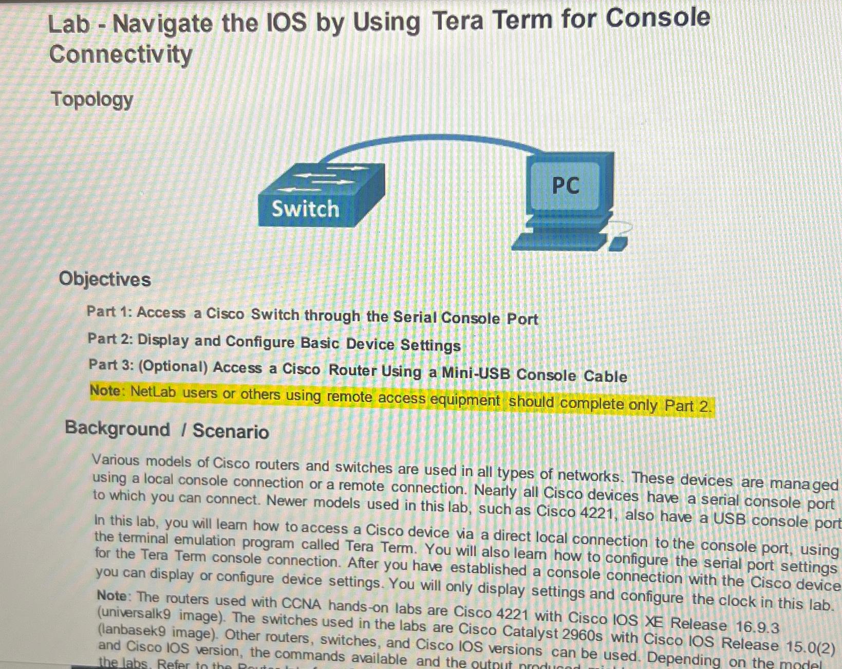 Solved Lab - ﻿Navigate the IOS by Using Tera Term for | Chegg.com