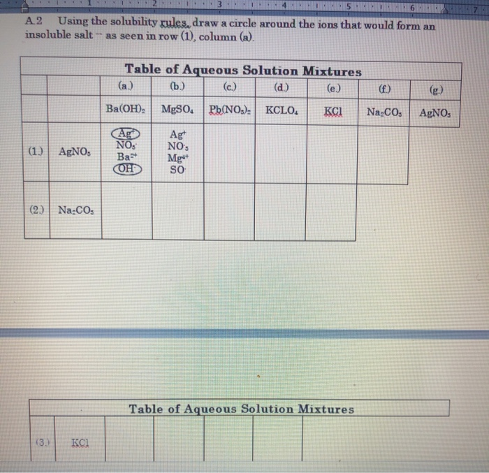 Solved 5 6 7 A2 Using the solubility rules, draw a circle | Chegg.com
