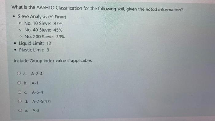 Solved What is the AASHTO Classification for the following | Chegg.com