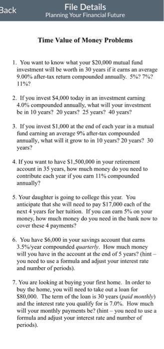 Solved Time Value of Money Problems 1. You want to know what | Chegg.com